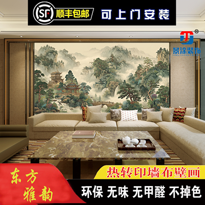热转印墙布楼阁古亭古建筑群山水画高端环保无味墙布宋氏美学壁布