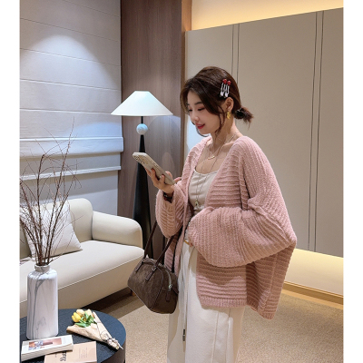 阿罗那城堡一眼心动~韩版慵懒风坑条羊毛灯笼袖针织开衫女装外套