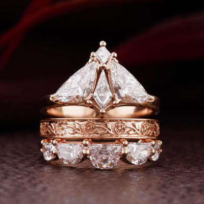 雕刻18kt玫瑰金三环戒指套装