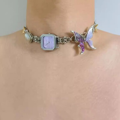 紫色手表精美镭射蝴蝶颈链项链