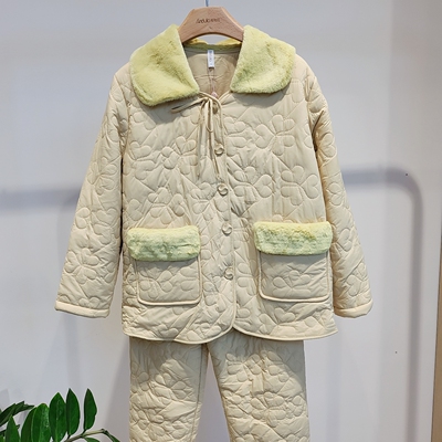 安杜拉冬女翻领轻羽棉加绒薄夹棉修身外穿时尚睡衣家居服套36054
