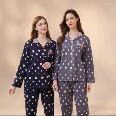 绮瑞女士春秋长袖翻领薄款针织棉波点时尚开衫家居服睡衣套43355
