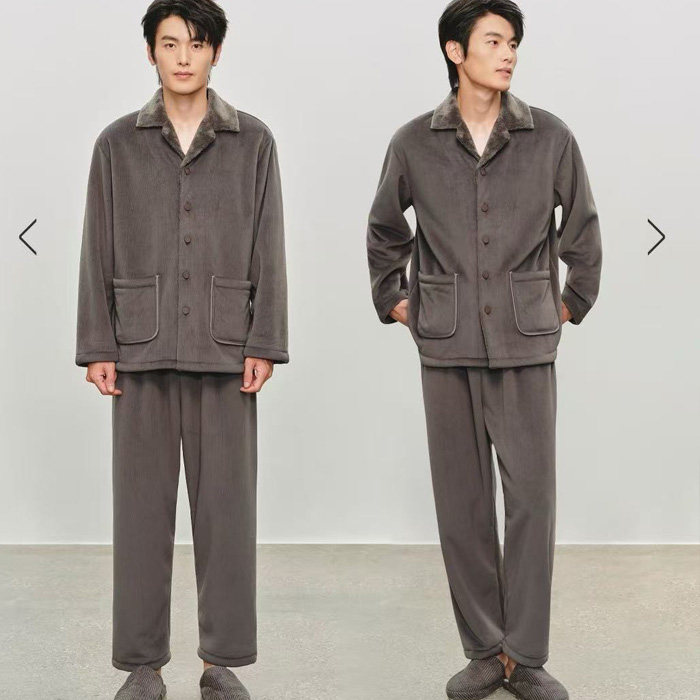 安杜拉 秋冬男士纯色加绒保暖柔软开衫翻领家居服睡衣套装55724