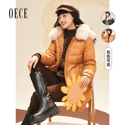Oece冬新款女 复古大毛领加厚中长款羽绒服外套