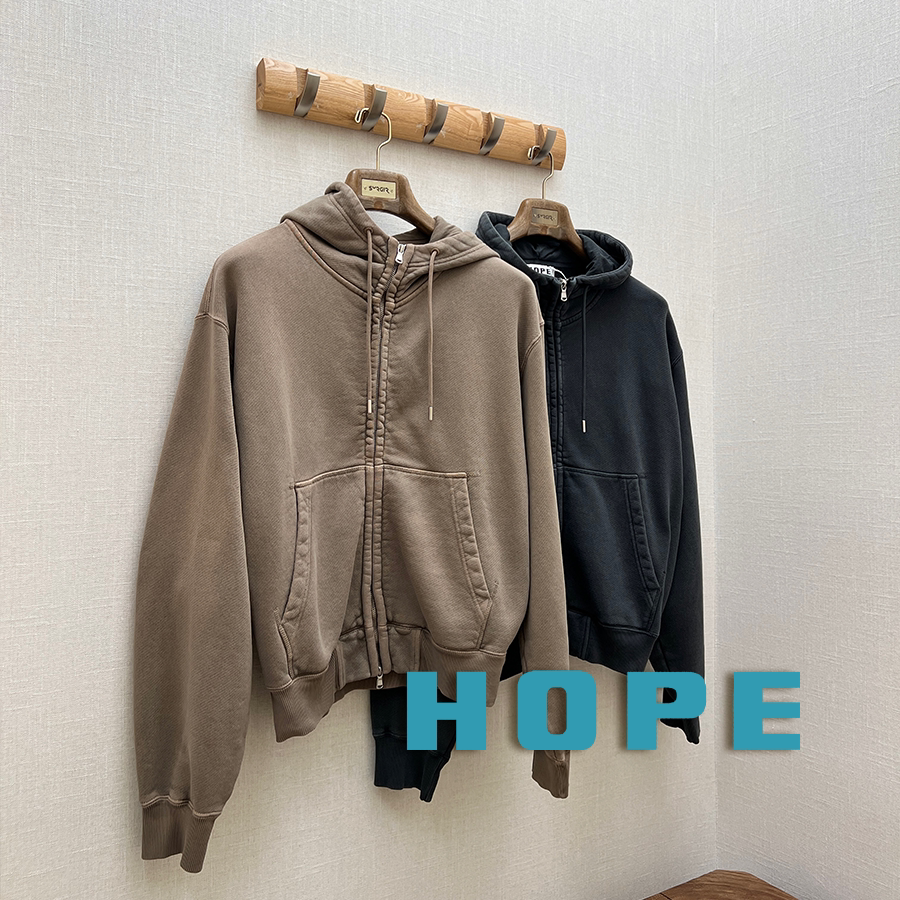 6折 HOPE官方授权 两色北欧极简重磅水洗做旧连帽开衫卫衣外套