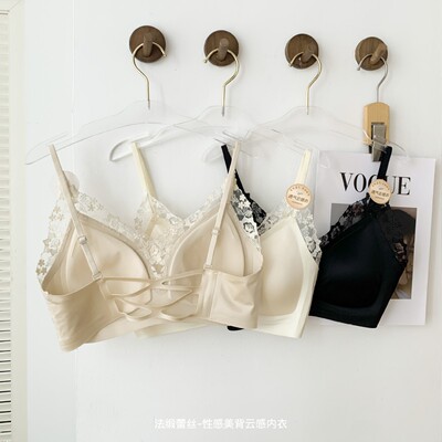 隐形露美背内衣女款大胸显小胸聚拢26夏季薄款蕾丝文胸美背33039