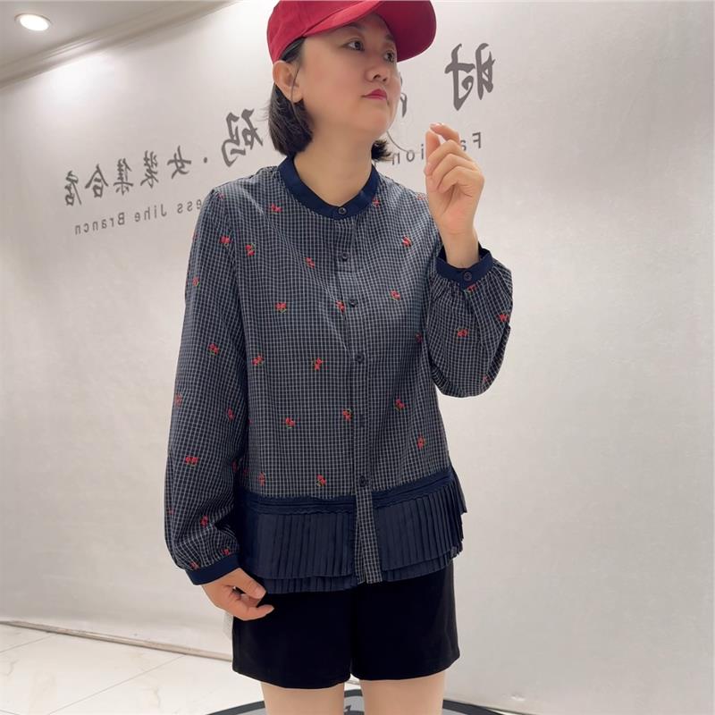 女权贵族大码女装2026初秋新款打底6035长袖刺绣格子衬衫上衣T恤