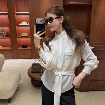 EASE-赛尔轻薄防晒气质轻奢立领通勤高智感绑带收腰衬衫(配腰带)