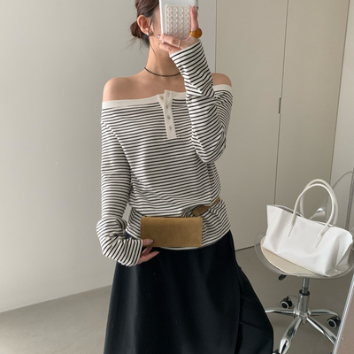 TE-26年早春款必buy基础设计感两穿休闲条纹长袖T恤(小韩女感冲)