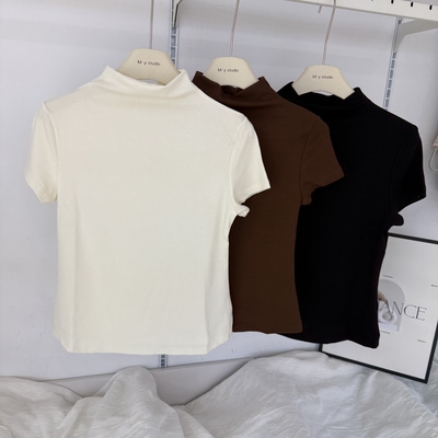 2025古妃10722羊毛内搭打底衫女士短袖小圆领5分中袖上衣显瘦t恤