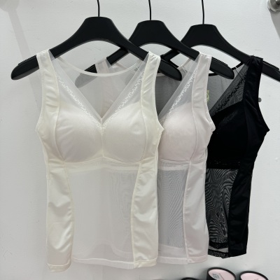 美月馨39182缎面太极石养护背心带胸垫性感美背吊带美体V领网纱女