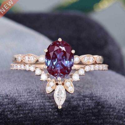 925 Sterling Silver CZ Dainty Jewelry Alexandrite Ring Set A