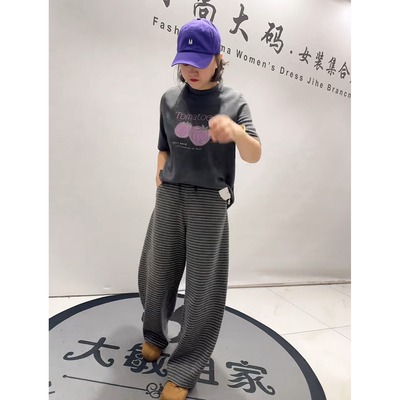 26925天骄一生水新款2026秋季加肥加大码女装紧腰阔腿条纹裤子