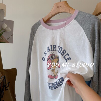 韩系氛围感小黄鸭插肩袖宽松T恤