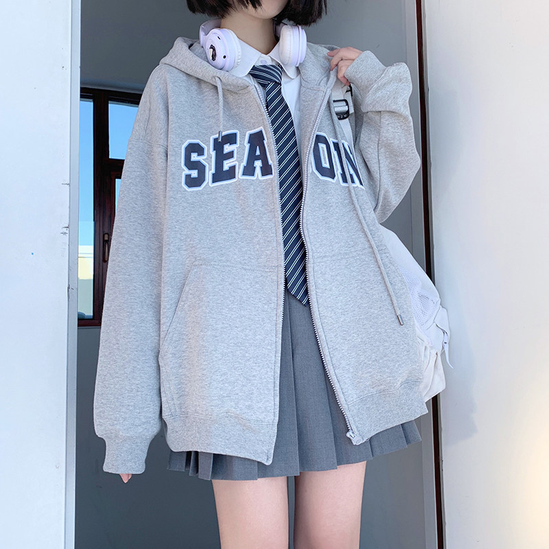 东京岁时记jk开衫字母印花连帽卫衣女宽松拉链season加绒卫衣外套