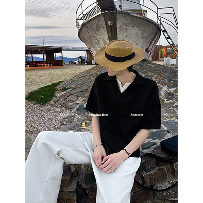 池边树/韩版简约男设计感假两件V领宽松休闲高级感Polo衫百搭短袖