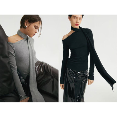 超弹围巾修身斜肩长袖T恤