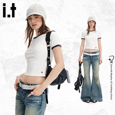 it:CHOCOOLATE撞色短袖T恤女2026新款夏季圆领正肩修身显瘦上衣潮