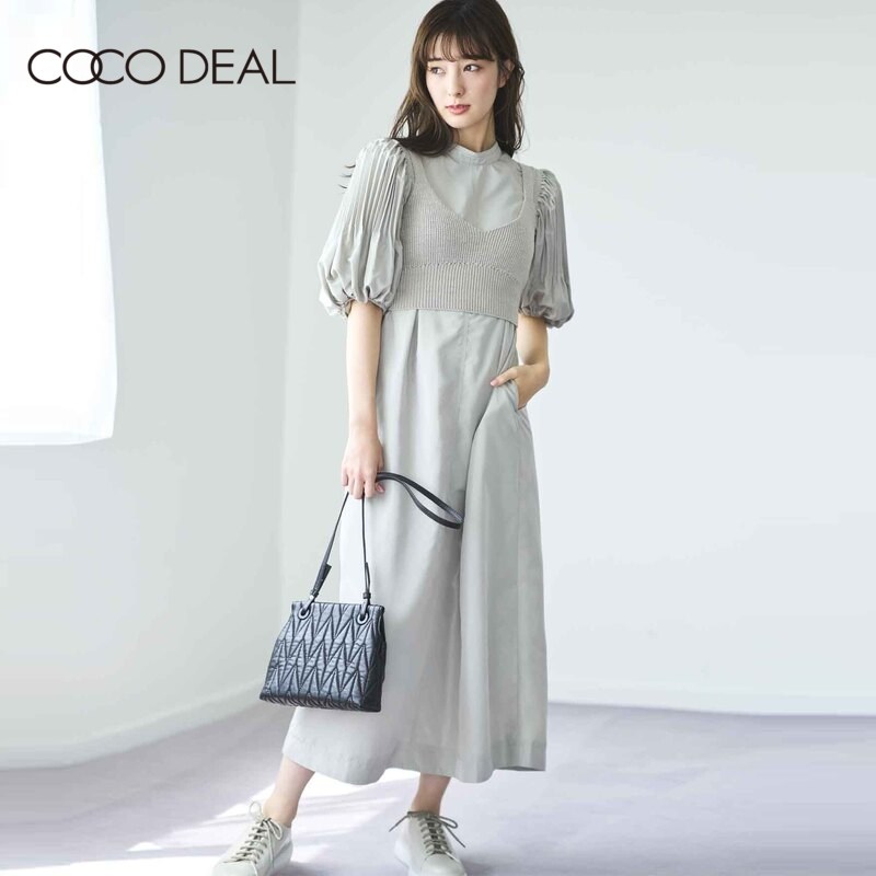 COCO DEAL日系复古针织背心灯笼袖收腰连衣裙两件套71615219_虎窝淘