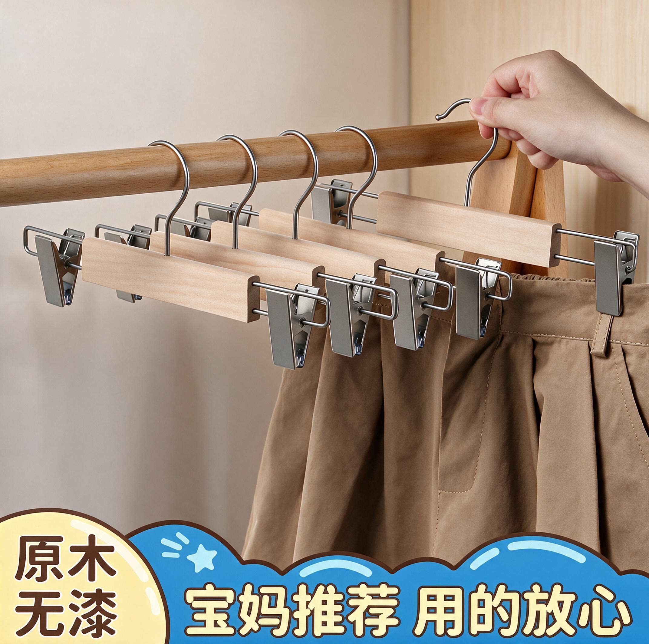 无漆实木裤架儿童专用裙架家用无痕挂裤子衣架服装店童装裤挂裤夹