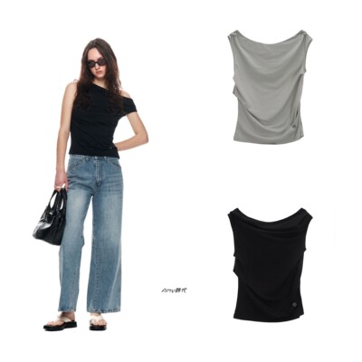 限时折！ 韩国代购Matin Kim NE SHOULDER DRAPERY 显瘦露肩上衣