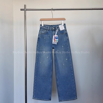 【会buy实拍】加绒款奢华烫钻~高品质牛仔裤高腰显瘦直筒阔腿裤冬