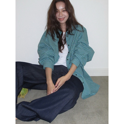 SIXI四喜家 格纹收藏家 显白绿格纹长袖衬衫复古百搭衬衣# 3755Y