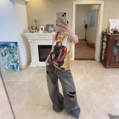 灰色仿旧破坏感宽松微喇牛仔长裤女2024秋季新款