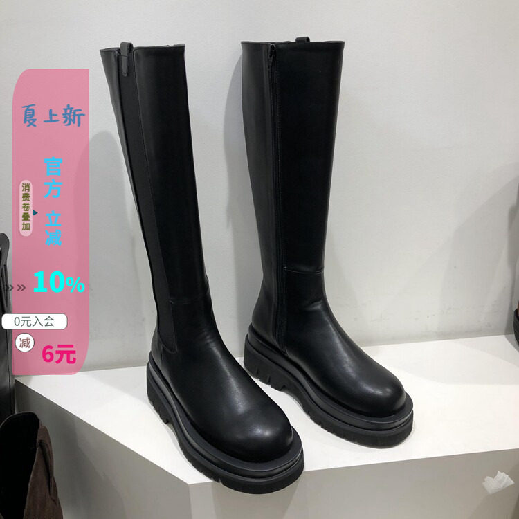 现韩国女鞋琪琪东大门21秋新网红烟筒靴高筒靴圆头厚底瘦腿马丁靴