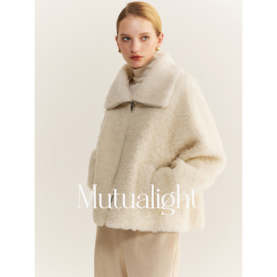 MUTUALIGHT双相冬季新款大翻领全羊毛圈圈毛皮毛短款拉链外套