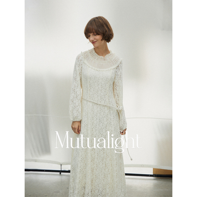 mutualight法式复古蕾丝拼接连衣裙女慵懒高级感暖绒感大A字裙