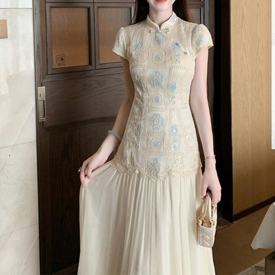 2025新款【白叙诗】国风新中式蕾丝改良旗袍女春夏雪纺拼接连衣裙