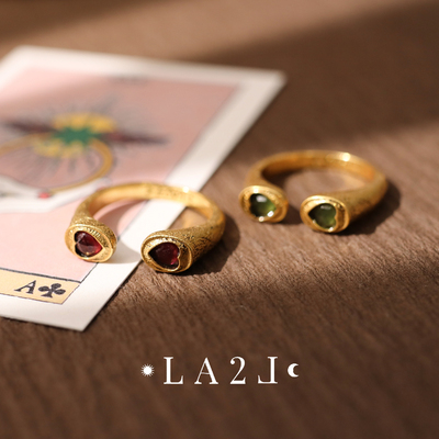 法国LA2L正品 古典神秘爱心浪漫设计复古做旧橄榄石榴石开口戒指