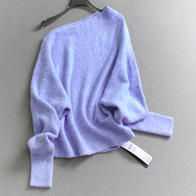 纯色蝙蝠袖斜肩漏肩宽松毛衣上衣