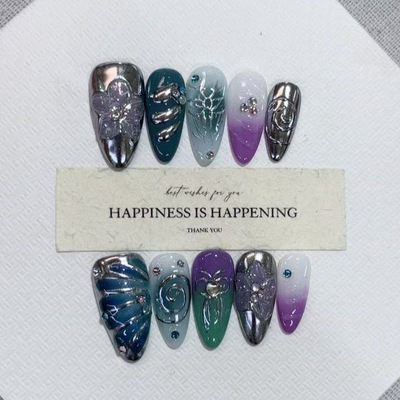 甲小姐 纯手工穿戴甲秋冬新款B337全手绘雕花气质外贸款美甲贴片