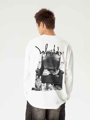 LOVEMELATER 王以太主理潮流印花猫猫沙发长袖T恤美式宽松上衣秋