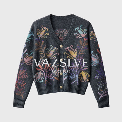【VAZSLVE/全新奢品】捡漏高端轻奢羊绒开衫高级提花图腾V领