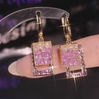 新款精致紫色水晶几何方形耳扣女