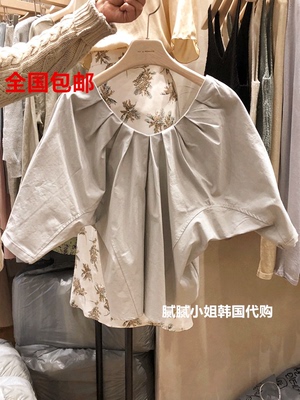 东大门代购韩国褶皱圆领短袖衬衫