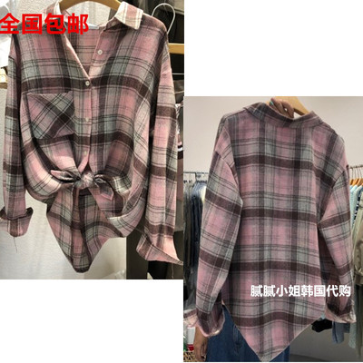 FRIGG-J韩国东大门2026秋冬女装新款格子系扣翻领长袖衬衫