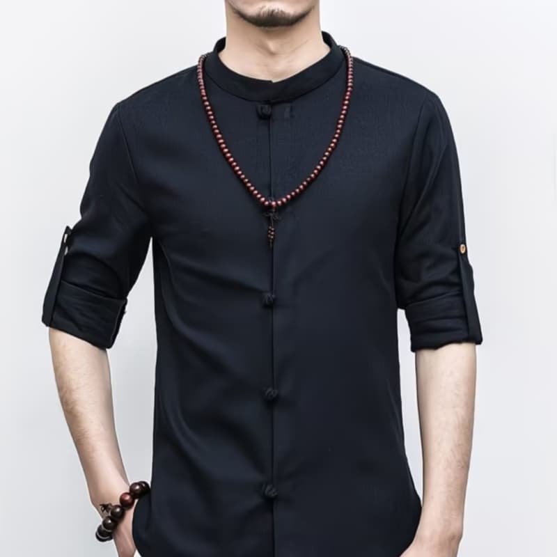 26A4C2中国风男装亚麻衬衫秋季盘扣复古立领长袖唐装棉麻中式衬衣
