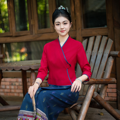 云南西双版纳傣装玉家人民族风情气质修身中式茶服春装工作服