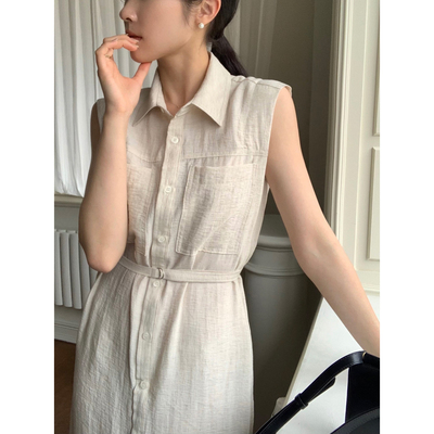 夏无袖衬衫连衣裙女翻领收腰配腰带长裙简约气质通勤单排扣中长裙