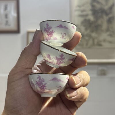 六十年代潮州国营彩瓷厂釉上彩山水纯手绘原始龙窑匣钵烧功夫茶杯