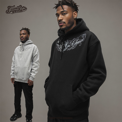 FUNKYSTYLE嘻哈加厚加绒纹身师风格oldschool美式花体字连帽卫衣
