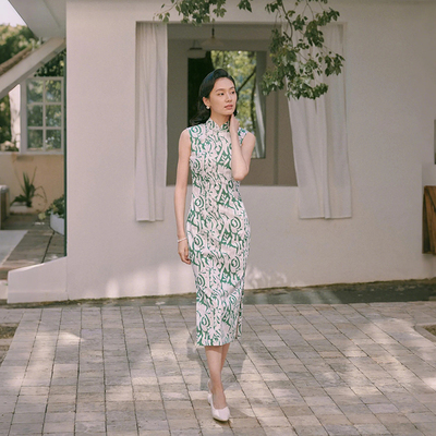 茉茉春夏新 无袖有省侧拉链中长款复古改良日常棉布港式旗袍 青萝