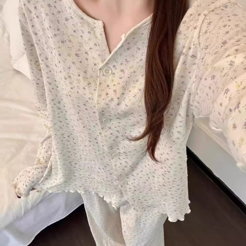 甜美小碎花针织纯棉开衫圆领长袖长裤睡衣女柔软亲肤家居服套装