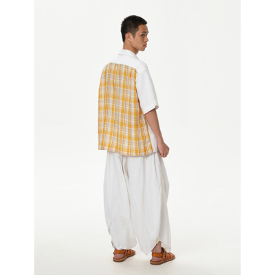 YOWSAH 亚麻刺绣拼接袖黄色格纹古巴领衬衫男女同款 wave系列