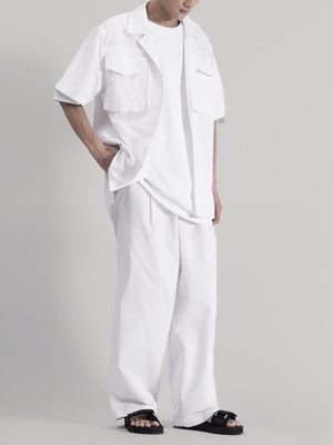 YOWSAH 多口袋百搭纯棉短袖衬衫 白色短袖衬衣