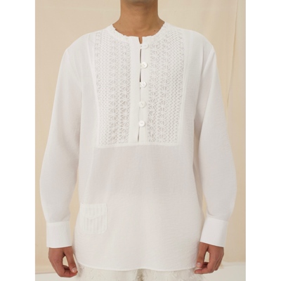 YOWSAH 蕾丝拼接贝壳扣度假长袖衬衫